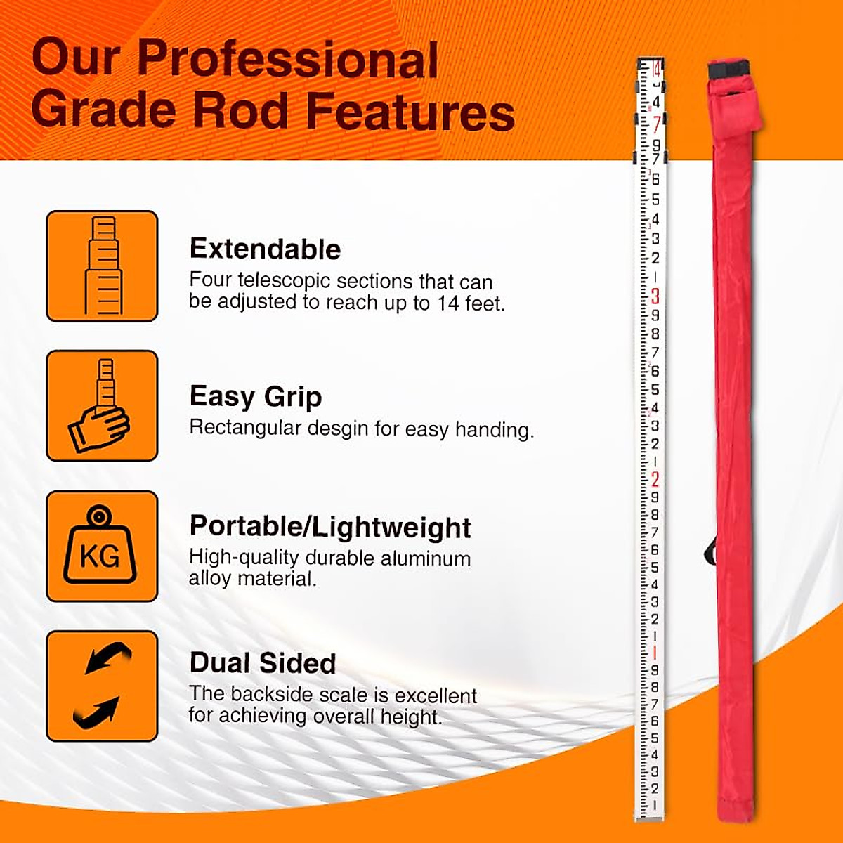 GEOLENI Aluminum Grade Rod - 10ths, With Carrying Case and Rod level (14 Foot)