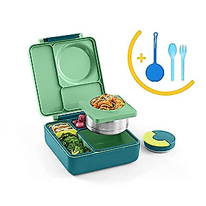 OmieBox Bento Box for Kids Insulated Bento Lunch Box with Leak Proof Thermos Food Jar, 3 Compartments + Capri Blue Utensil Set with Case