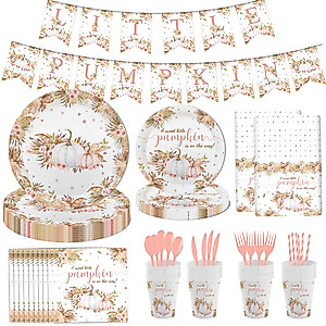 MEHOFOND Boho Fall Pumpkin Baby Shower Decorations Bohemia Floral Little Pumpkin Party Supplies Disposable Tableware Set 195 Pcs Plates Napkins Banners Plastic Tablecloth for Baby Shower Kids Party