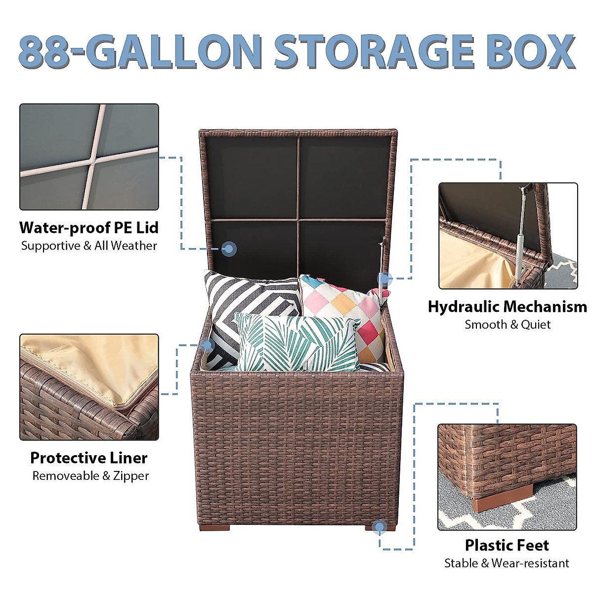 JOIVI Patio Furniture, Small Sectional Sofa Set with Storage Box, Outdoor Patio PE Rattan Conversation Set, All Weather Brown Wicker Couch with Cushions and Tempered Glass Coffee Table, Beige