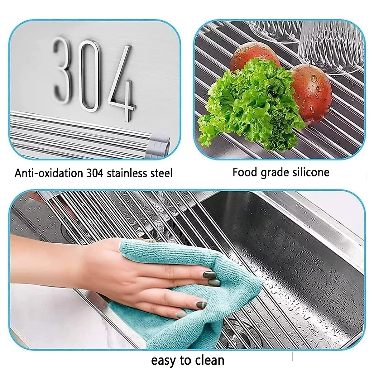 Antspertor Large Roll Up Dish Drying Rack, Over The Sink Multipurpose Roll-Up Dish Racks, 20.5" L x 16" W（Gray） Rolling Stainless Steel Dish Drainer Portable Foldable for Kitchen Counter
