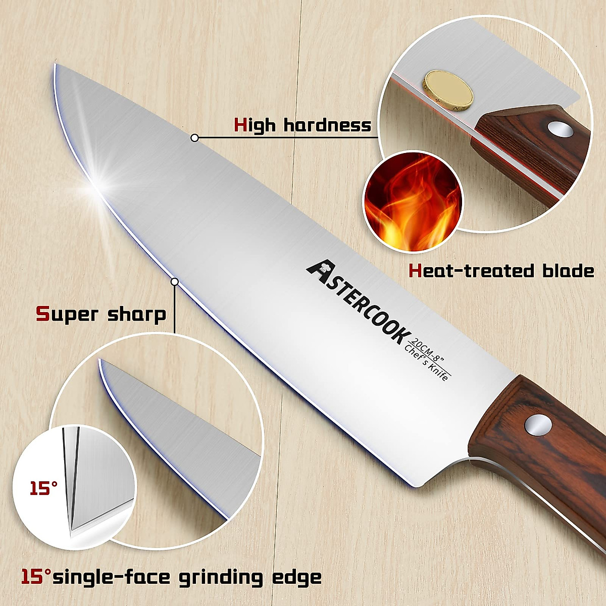 Knife Set, 15 Pieces Kitchen German High Carbon Stainless Steel Knife Set with Red Elm Wood Block, Classic Triple Rivet Chef Knife, Best Gift…