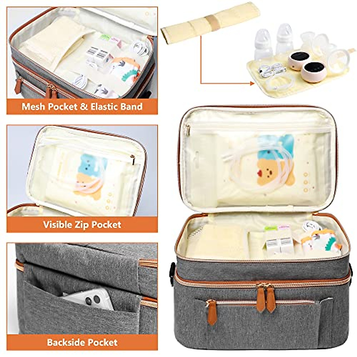 Tesuko Double-Layer Breast Pump Bag for Elvie, Willow Pumps and Medela Pump in Style, Pumping Bag with 2 Removable Dividers to Store Breast Pump, Baby Bottles and Pump Parts (Grey)