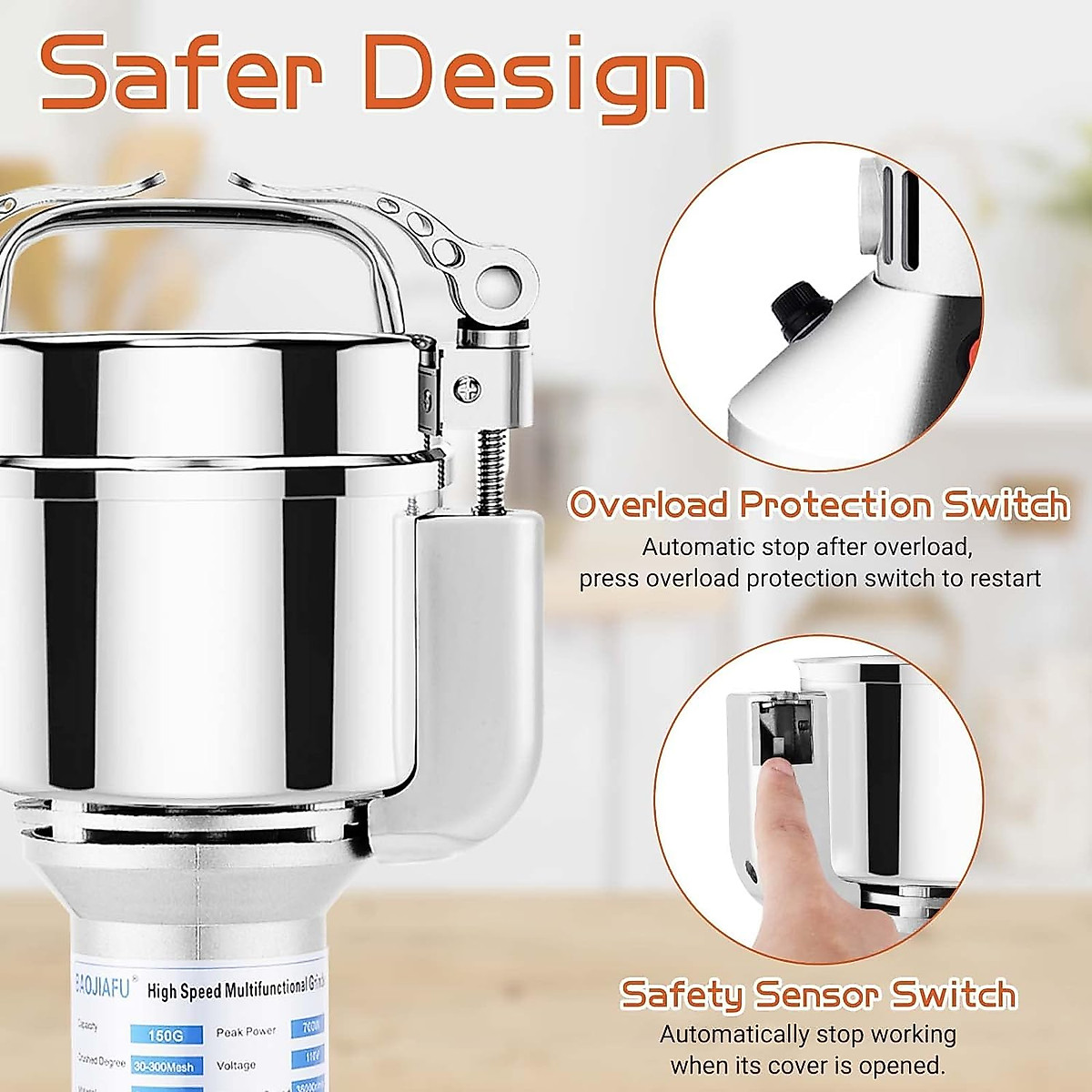 BAOJIAFU Electric Grain Mill Grinder 150g High-speed Grain Spice Herb Grinder 700W Dry Grinder Machine 304 Stainless Steel Superfine powder Grinder 36000r/min for Kitchen Home and Commercial (150G)