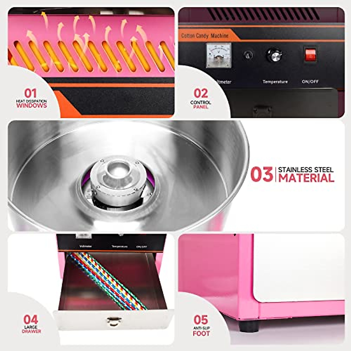 LIANQIAN 980W Cotton Candy Machine, Electric Cotton Candy Maker With Stainless Steel Bowl, Sugar Scoop, Storage Drawer, Commercial Candy Floss Maker for Family, Party Carnival, Amusement Park-Pink