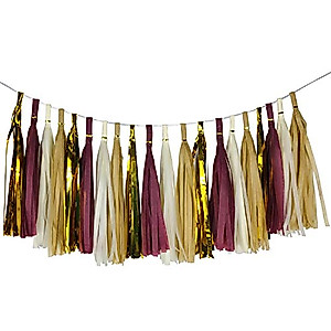 4-Pack Burgundy Gold Beige Tan Brown DIY Tissue Tassel Garland Party Streamers Bunting Banner for Floral Crafts Baby Shower Wedding Birthday Bridal Shower Party Backdrop Balloon Tails Tassel Decor
