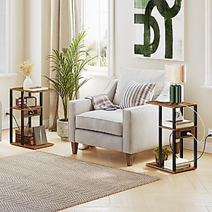 HOOBRO C Shaped End Table Set of 2 with Charging Station, Side Table with 2 USB Ports and Outlets, TV Tray Table, Couch Table for Small Spaces, Living Room, Bedroom, Rustic Brown and Black BF62USFP201