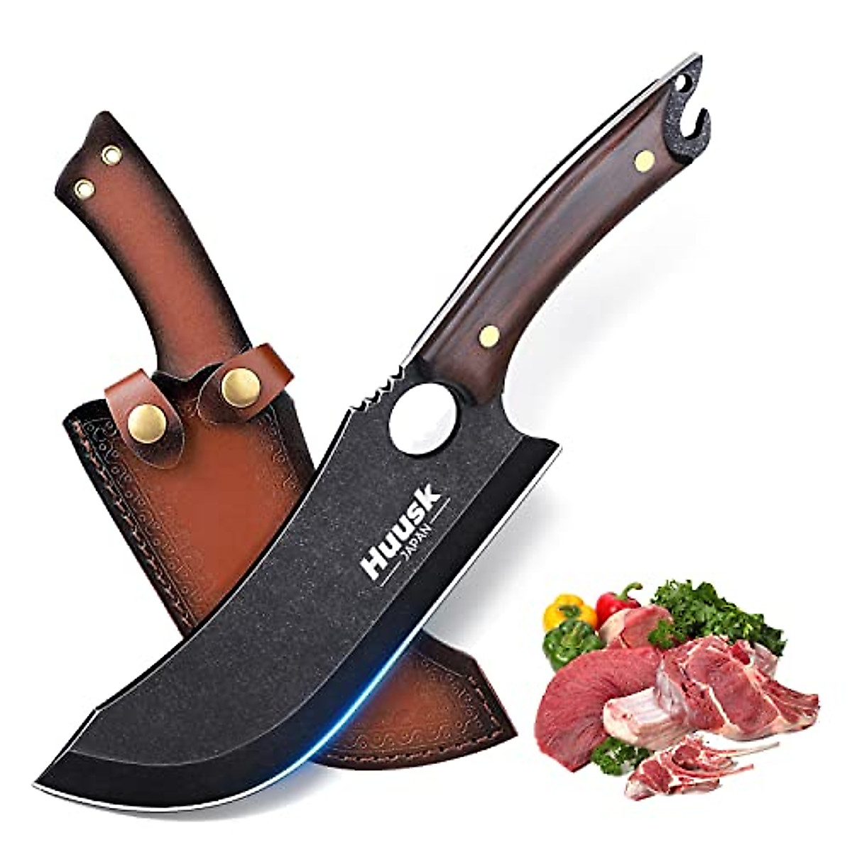 Huusk Japan Knife, Hand Forged Meat Cleaver Knives Japanese Cooking Knife Black Butcher Knife for Meat Cutting Full Tang Kitchen Knives Cleaver Knife for Kitchen, Camping Thanksgiving Christmas Gifts