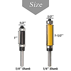 Mesee 2 Pieces Top & Bottom Bearing Flush Trim Router Bit Set, 1/4 Inch Shank Pattern Template Trimming Router Bits with Bearing Guide Woodworking Milling Cutter Tool - Cutting Height 1" & 1-1/2"