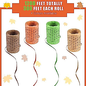 4 Roll Raffia Ribbon 1200 Feet Raffia Paper Ribbon Christmas Thanksgiving Gift for Gift Wrapping, DIY Craft, 300 Feet Each Roll(Green, Orange, Deep Brown, Light Brown)