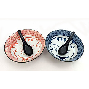 JapanBargain 4694, Large Japanese Porcelain Soup Bowls and Spoons Gift Set, Lucky Cat Pattern Ramen Bowls, Blue and Pink Color, Set of 2, Made in Japan, 36 Ounce