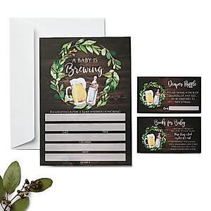 25 Baby is Brewing Baby Shower Invitations with Envelopes, Diaper Raffle Tickets, Book Request Cards - Neutral Invites- Rustic Wood Cards – gender reveal, brews beer vintage bottle twin decorations, couples shower Co-ed Sprinkle (Large Size 5X7”)