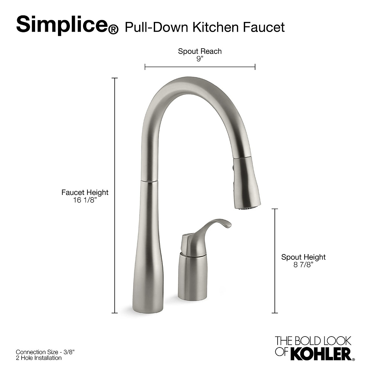 KOHLER K-647-VS Simplice Pull-Down Kitchen Faucet with Side Handle Control, Kitchen Sink Faucet with Pull-Down Sprayer, Vibrant Stainless