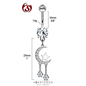 Forbidden Body Jewelry dangly belly button piercing, belly button rings moon and sun, dangly belly button jewelry, CZ Cresent moon and star cute belly button piercings. Silver Tone