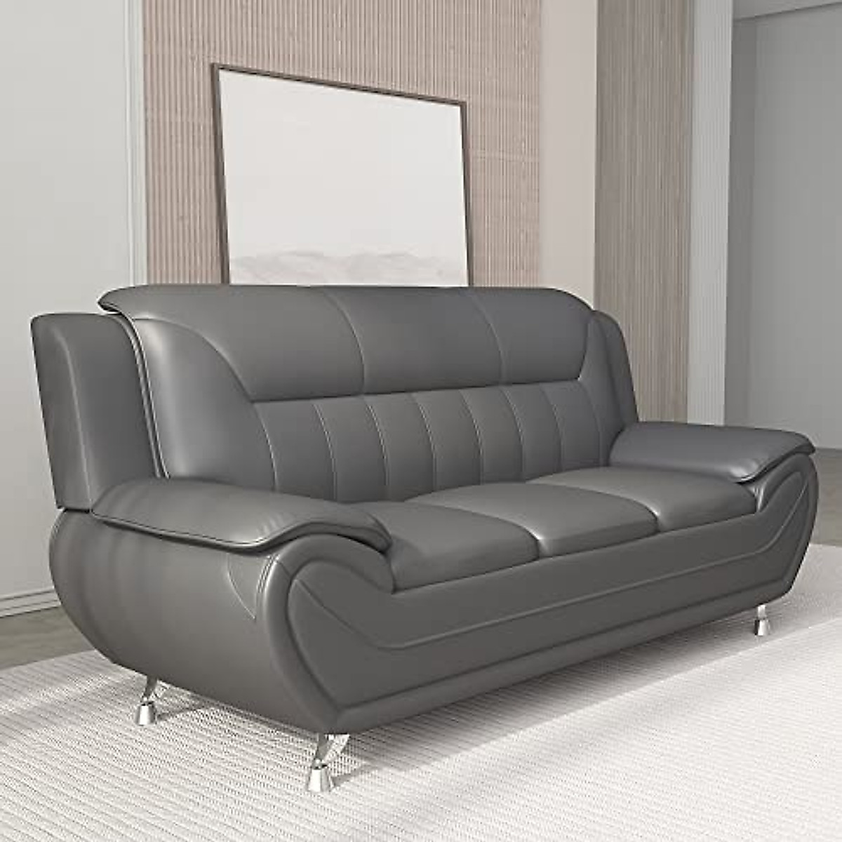Container Furniture Direct Michael Modern Faux Leather Upholstered Stainless Steel Legs Living Room, Sofa, Sleek Gray