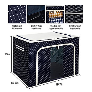 Dimusel Clothes Storage Bins, 100L [4 Pack ] Foldable Oxford Cloth Steel Frame Organizers Bag with Large Clear Window & Durable Handles Carry Handles for Clothing, Comforter Storage (Blue Dots)