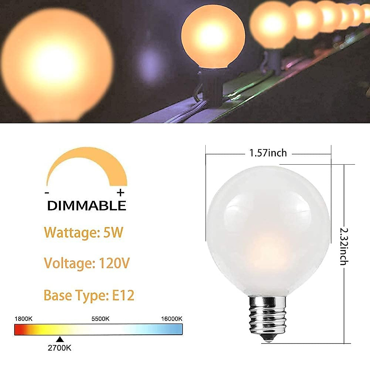 G40 Outdoor Frosted String Lights, 25Ft Globe Frosted White String Lights with 27 Small Round Bulbs, Waterproof Connectable Hanging Lights for Outside Backyard Porch Umbrella Bistro Decor, Black Wire