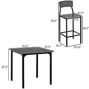 HOMCOM Counter Height Bar Table Set for 4, Square Kitchen Table and Chairs Set with Footrest, Metal Legs, Industrial Dinner Table Set for 4, Gray