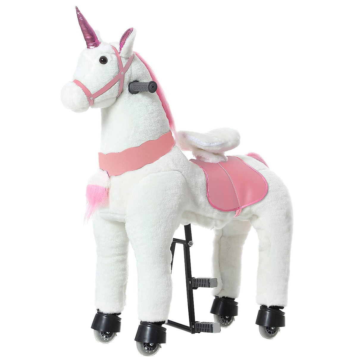 PONYEEHAW Ride on Unicorn Toys, Kids Riding Unicorn Toys Ride on Toys for 6-14 Years Old, Premium Plush Animals Toys Walking Unicorn with Wheels (White and Pink, 31.5" L x 13" W x 36.2" H)