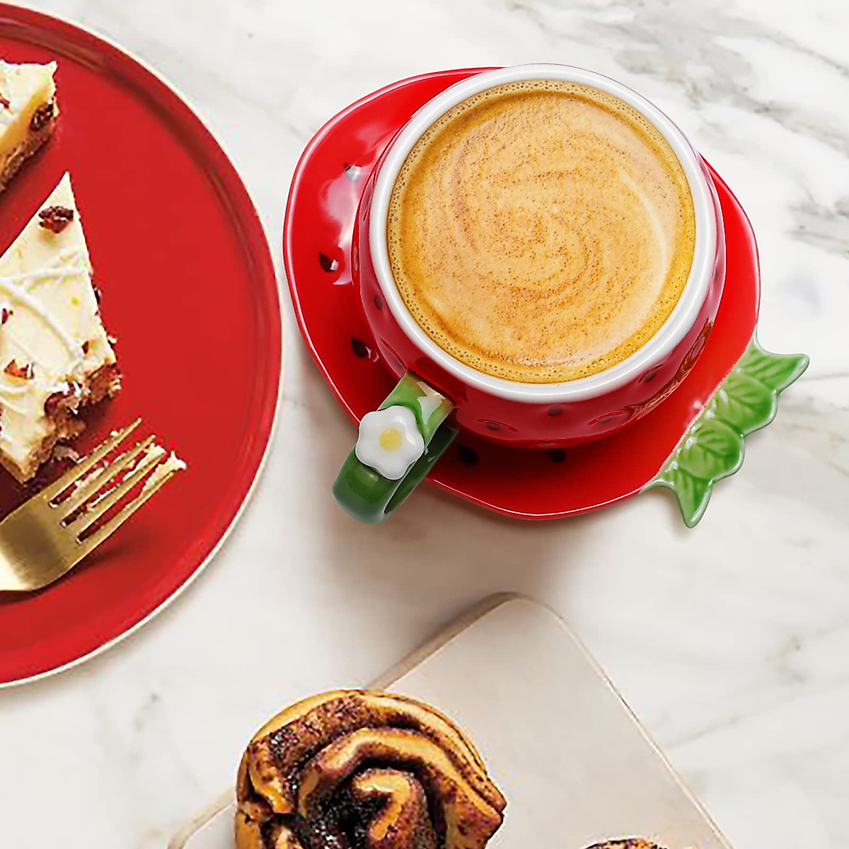 Noviko Ceramic Tea Cup and Saucer Coffee Mug Strawberry Coffee Cup with Saucer - 8 Ounce (Red)