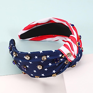 Budsmile American Flag Headbands for Women Girls Independence Day 4th of July Red White Blue Patriotic Headband USA Knotted Wide Rhinestone Hair Accessories Hair Hoops