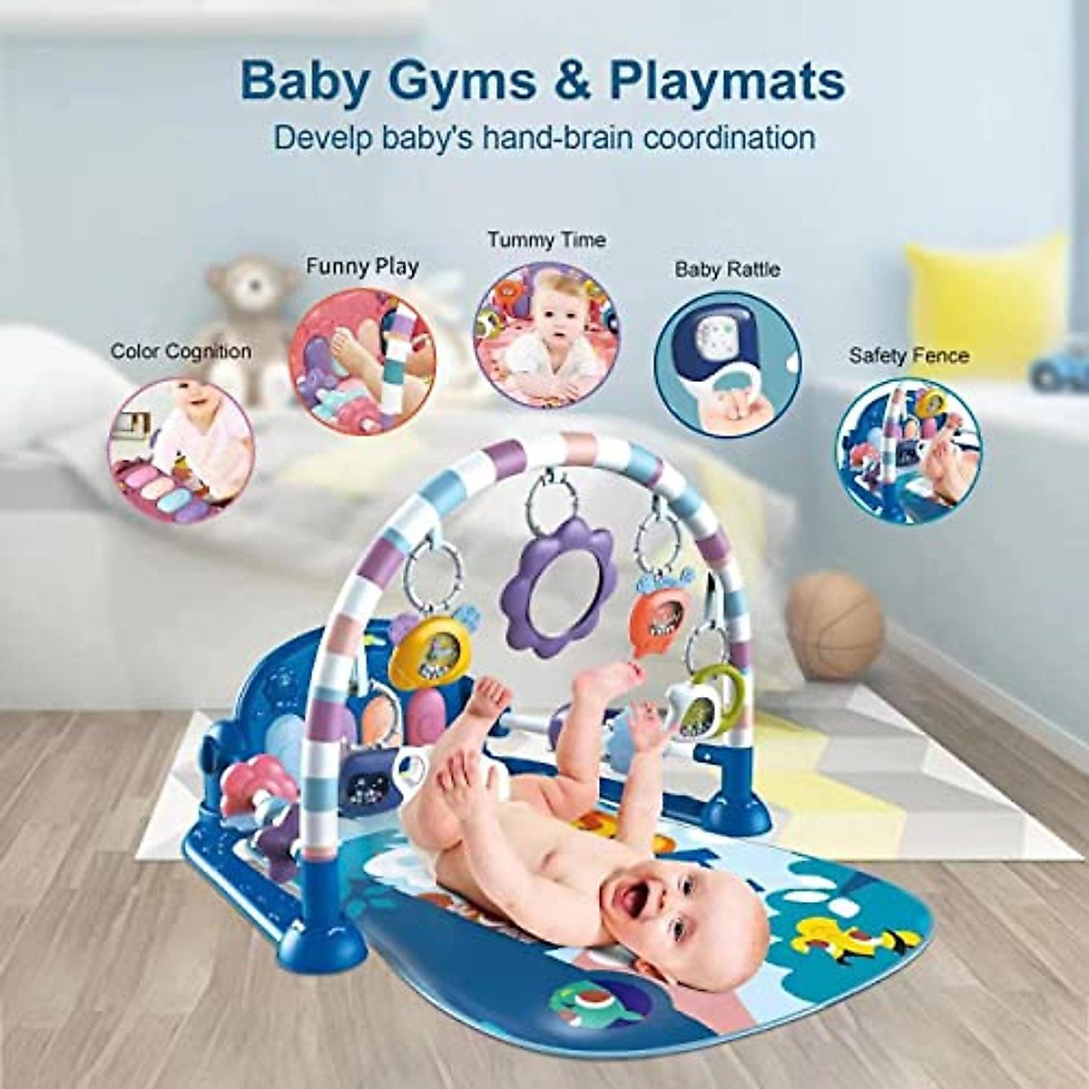 Baby Play Mat Baby Gym,Funny Play Piano Tummy Time Baby Activity Gym Mat with 5 Infant Learning Sensory Baby Toys, Music and Lights Boy & Girl Gifts for Newborn Baby 0 to 3 6 9 12 Months (Pink)