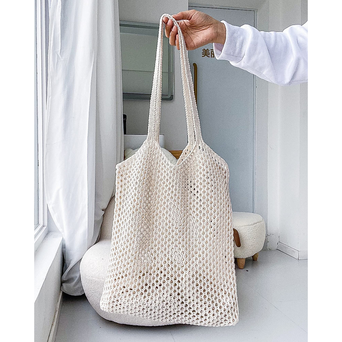 Stizimn Crochet Mesh Beach Tote Bag Shoulder Bag Handbags Knitting Hollow Summer Bag Hobo Bag Aesthetic for Women (Beige3)