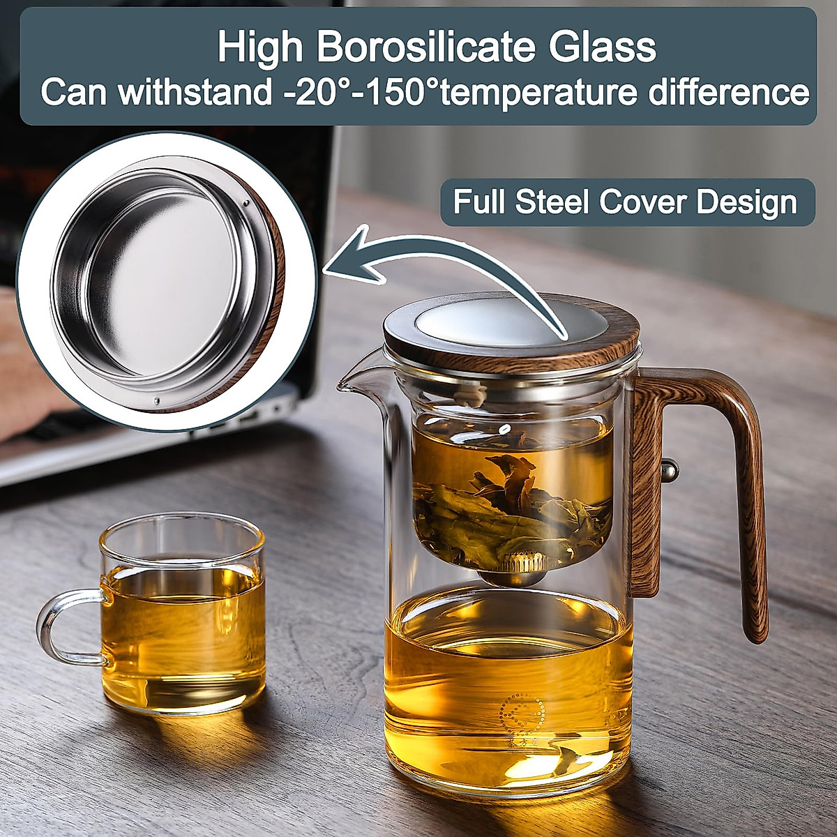 Enchanti Tea Pot, Witchcraft Teapot, Magical Teapot, Glass Tea Pot with Strainer, Water Separation Glass Teapot with Wooden Handle, Glass Teapot with Infuser (600ml 1Pcs)