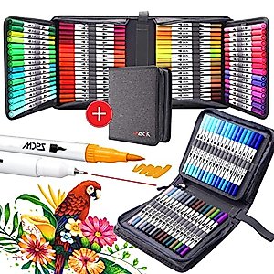 100 Colors Duo Tip Brush Markers Pens, ZSCM Colored Pens Watercolor Art Markers Fineliner Calligraphy Pens, for Kids Adults Coloring Books, Christmas Gifts, Drawing Sketching Bullet Journaling