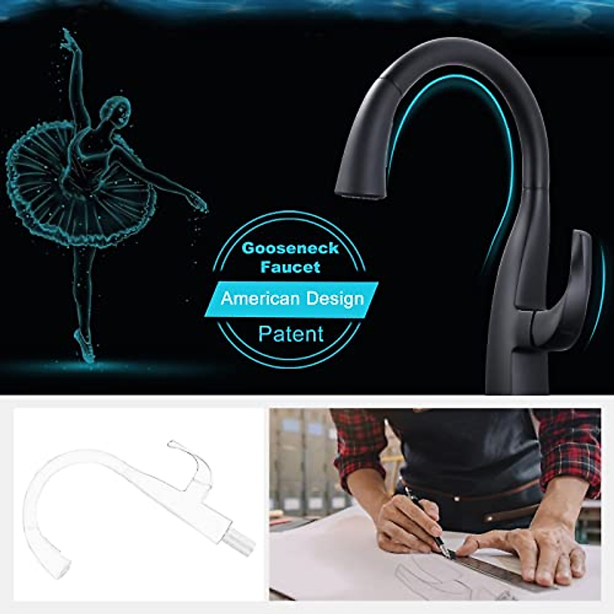 WOWOW Black Kitchen Faucet, Pull Down Kitchen Faucet Stainless Steel Gooseneck Kitchen Sink Faucet Single Handle Water Faucet, Utility Sink Faucet for Laundry RV (Patent Product)