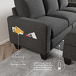Lonkwa Convertible Sectional Sofa L-Shaped Couch, Dark Gray Couches for Living Room with Reversible Chaise, 3-Seat Modern Linen Sectional Couch for Living Room/Apartment/Office/Small Space
