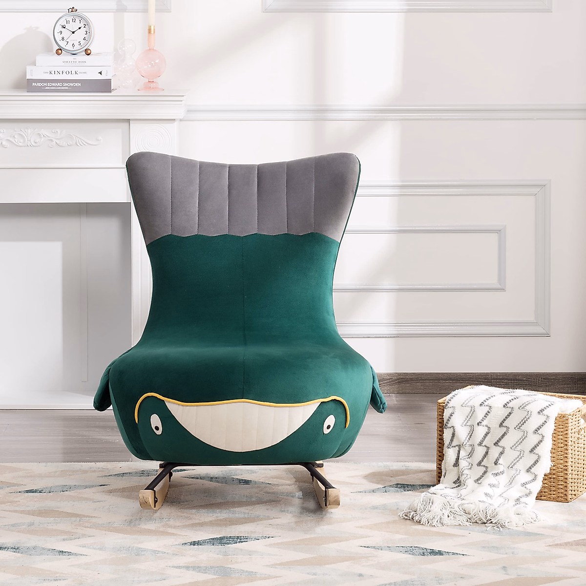 MMTGO 27.5” Whale Rocking Chair w/Metal Support, Comfy Velvet Upholstered Rocker with Non-Slip Solid Wood Legs Suit for Bedroom, Living Room, Porch, Office, Green