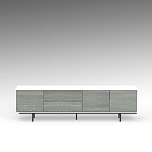 Glenwillow Home Atlas 78" x 20" Modern TV Stand Cabinet - White Frame, Grey Door/Drawers, Black Base