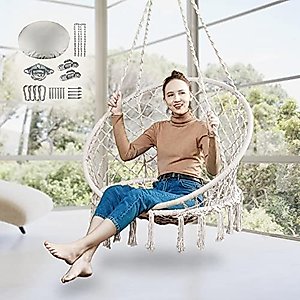Greenstell Hammock Chair, Macrame Swing with Cushion and 304 Stainless Steel Hanging Kits, Max 330Lbs Hanging Cotton Rope Swing Chair, for Indoor, Outdoor, Home, Patio, Yard (Beige)