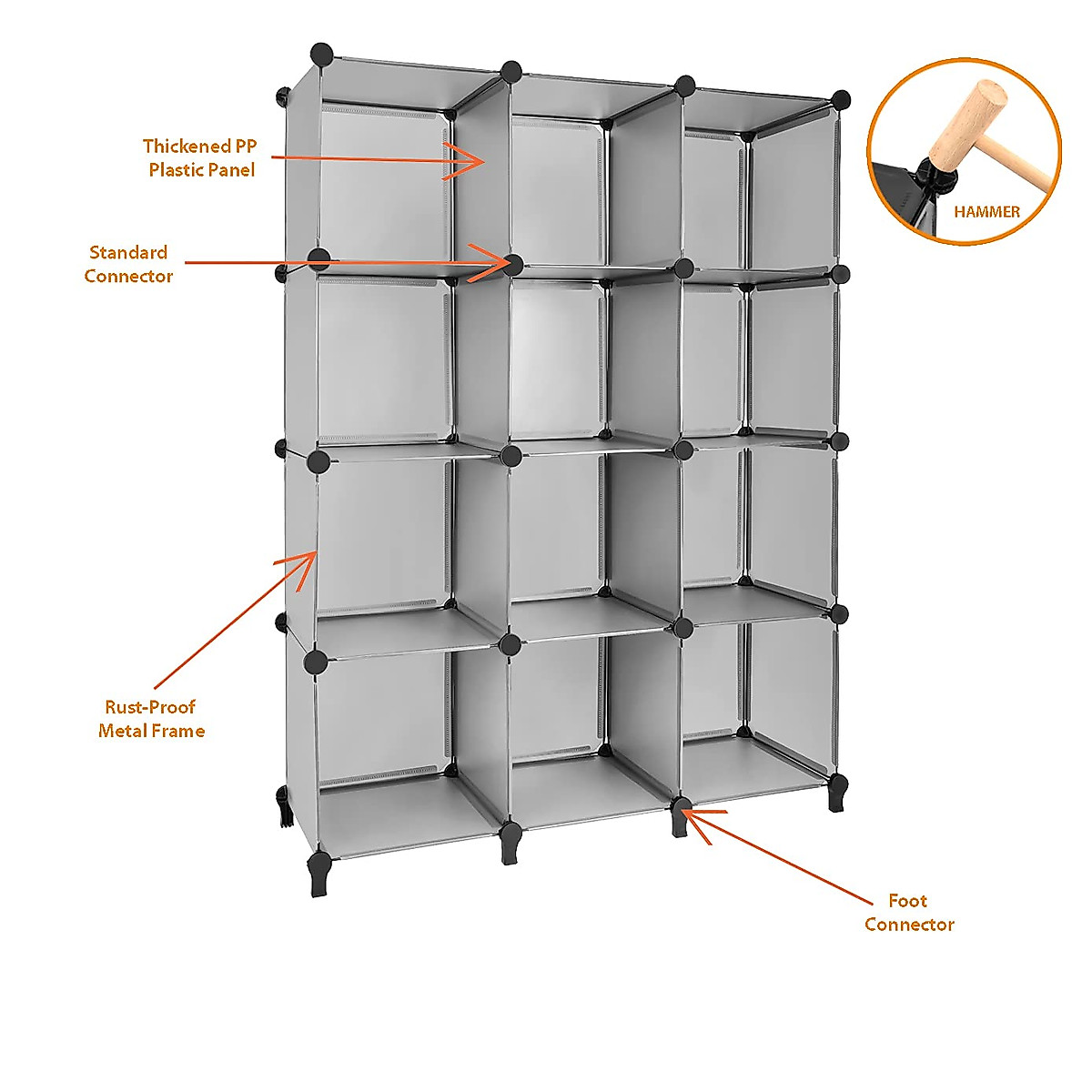 Gold Armour Cube Storage 12-Cube Bookshelf Closet Organizer Storage Shelves Cubes Organizer Plastic Square Book Shelf Bookcase DIY Closet Cabinet Organizer Shelving for Home Office Bedroom (Grey)