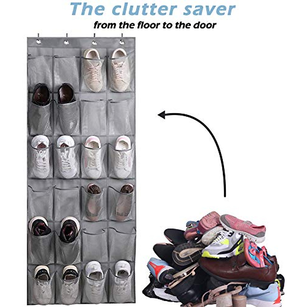 MISSLO Over The Door Shoe Organizer Hanging Closet Holder Hanger Storage Bag Rack with 24 Large Mesh Pockets, Gray