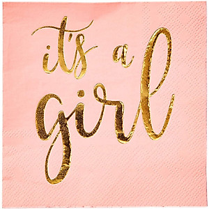 Sparkle and Bash 50 Pack It's a Girl Napkins for Baby Shower - Gold Foil Party Supplies (3 Ply, 5x5 In) - Baby Girl Napkins - Baby Shower Napkins - Its a Girl Cocktail Napkins