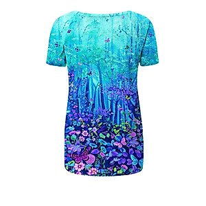 Womens Tops Spring,Women's Floral Printed Tee Shirts Short Sleeve Shirt Crewneck Classic Fit Pullover Blue