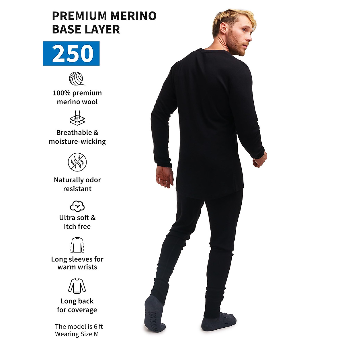 Merino.tech Merino Wool Base Layer Mens Set - Midweight Merino Wool Thermal Underwear For Men Top, Bottom (Medium, 250 Black)