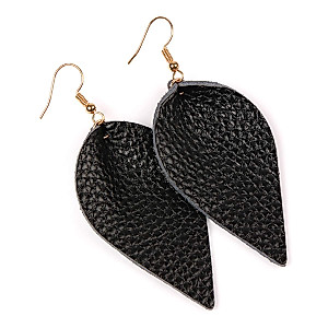 Bohemian Lightweight Genuine Real Leather Geometric Drop Statement Earrings - Petal Leaf, Triple Feather, Teardrop Dangles, Scallop Disc Hoop (Leaf - Black)