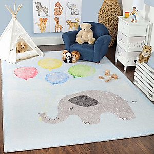 SUPERIOR Kids Indoor Area Rug, Elephant Design, Cute Rugs for Bedroom, Nursery, Playroom, Living Room, Entryway, Unique Accent, Soft Cotton Backed Rugs, Nursery Collection, 4' x 6', Baby Blue