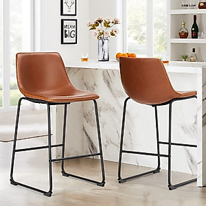 OLIXIS Dining Chairs, Barstools for Kitchen Island PU Leather Cushion and Metal Legs Chairs, 4 Pcs 26" Counter Height Bar Stools, Whiskey Brown