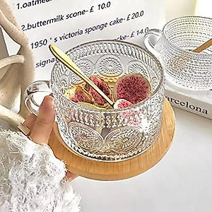 Amzcku Vintage Coffee Tea Cups, Glass Mugs 14 Oz Set of 2 Embossed Glassware with Handle, for Cappuccino, Latte, Cereal, Yogurt, Beverage Hot/Cold, Milk