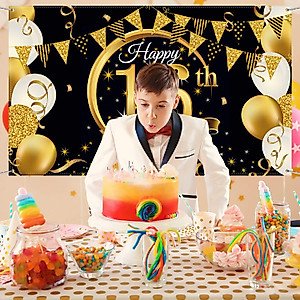 Blulu Birthday Party Decoration Extra Large Fabric Black Gold Sign Poster for Anniversary Photo Booth Backdrop Background Banner, Birthday Party Supplies, 72.8 x 43.3 Inch (16th)