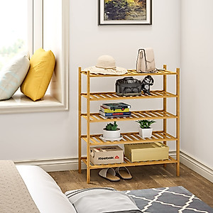 BMOSU 5-Tier Bamboo Shoe Rack Premium Stackable Shoe Shelf Storage Organizer for Hallway Closet Living Room Entryway Organizer (Natural Bamboo)