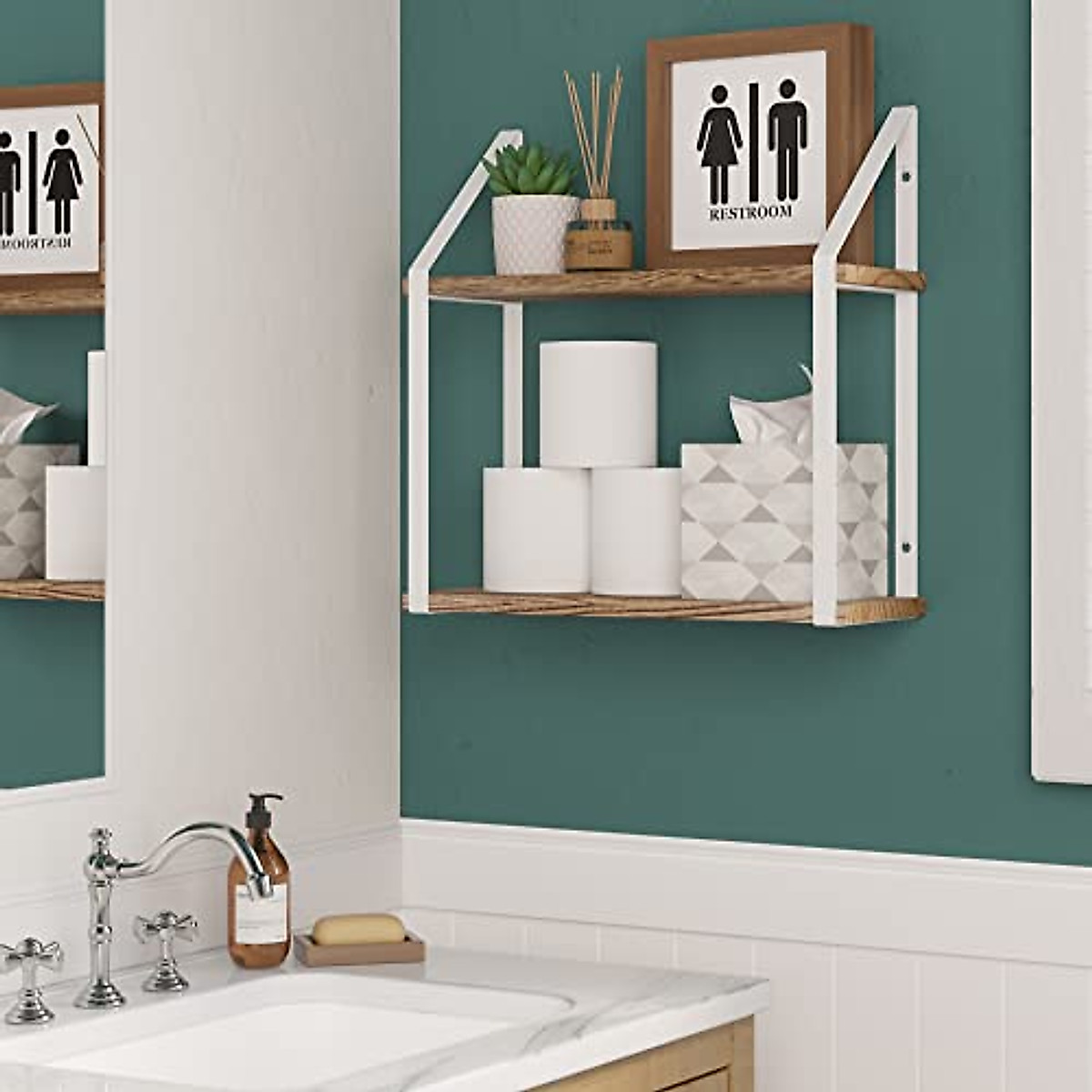 Wallniture Modena 2-Tier Bathroom Organizer, Wall Shelves for Kitchen Organization, Laundry Decor Wall Bookshelves Living Room Burnt Finish, White Bracket