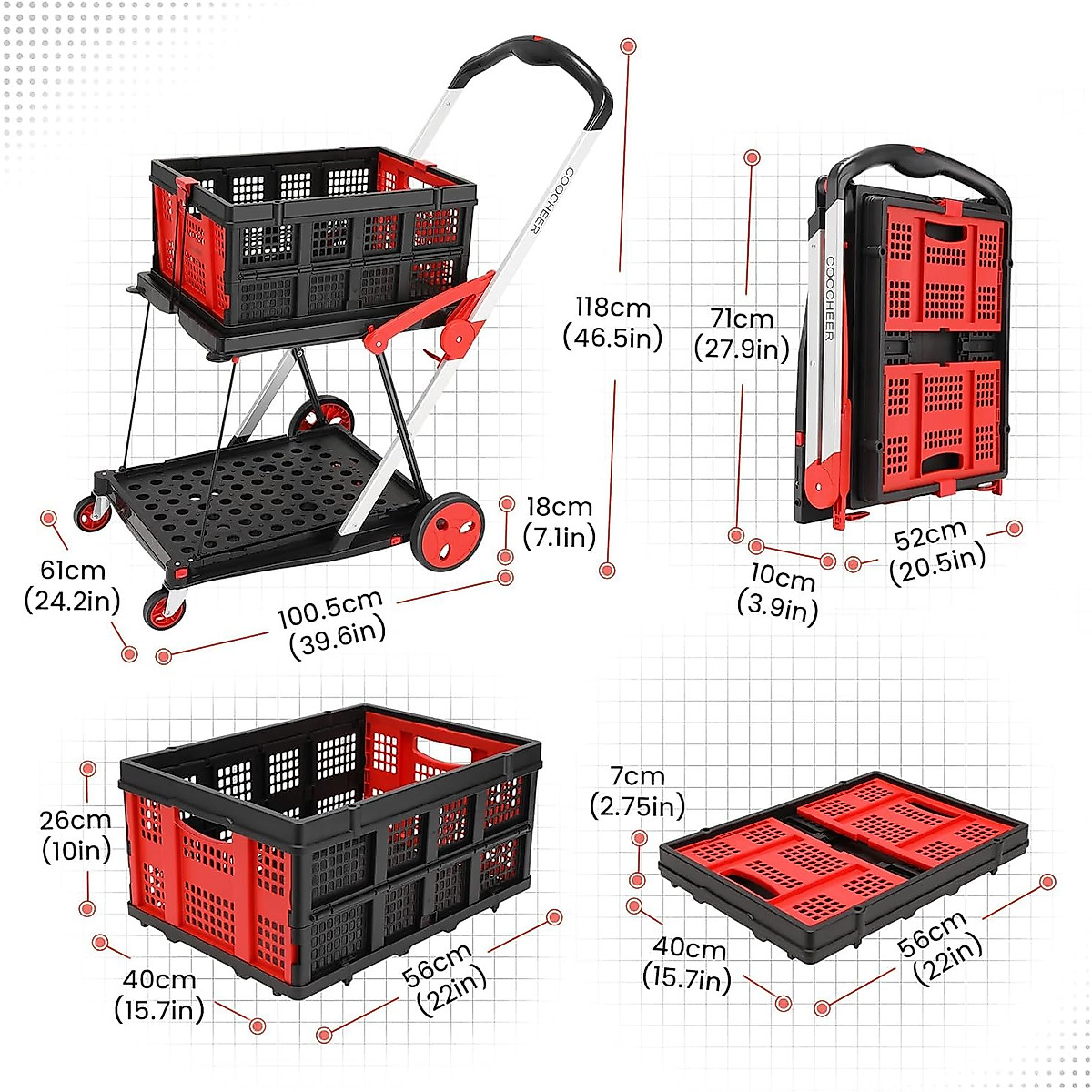 Multi Use Functional Collapsible Carts, Shopping Cart with Storage Crate, Mobile Folding Trolley, Portable Folding Cart, Shopping Cart Folding Trolley for Home, Groceries