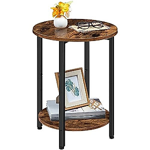 HOOBRO Round Side Table, Sofa Couch Table with Storage Shelf, 2-Tier Industrial End Table, Stable Metal Frame, Wooden Look Accent Table for Small Spaces, Living Room, Bedroom, Rustic Brown BF58BZ01G1