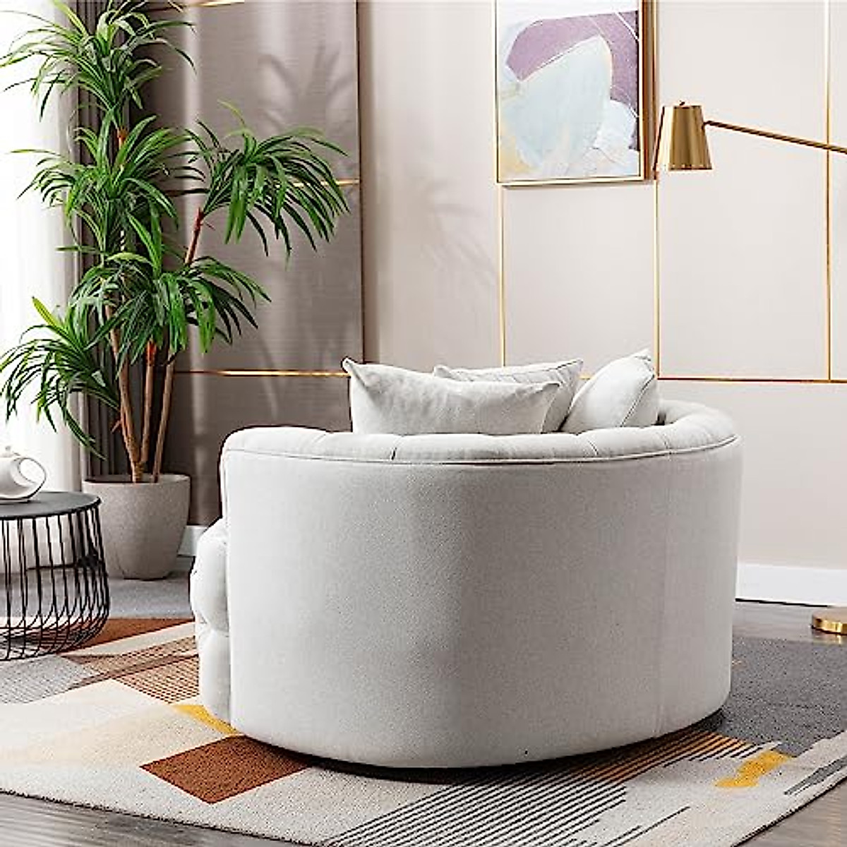 Oversized 360°Swivel Accent Barrel Chair Linen Tufted Comfy Sofachair W/3 Pillows, 42.9"W Leisure Lounge Club Upholstered Armchair Cozy Round Sofa & Chair for Home Apartment Office Hotel Living Room