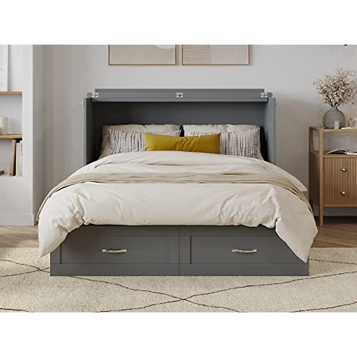 AFI, Hamilton Murphy Bed Chest with 6 inch Memory Foam Folding Mattress, Built-in Charging Station and Storage Drawer, Full, Grey